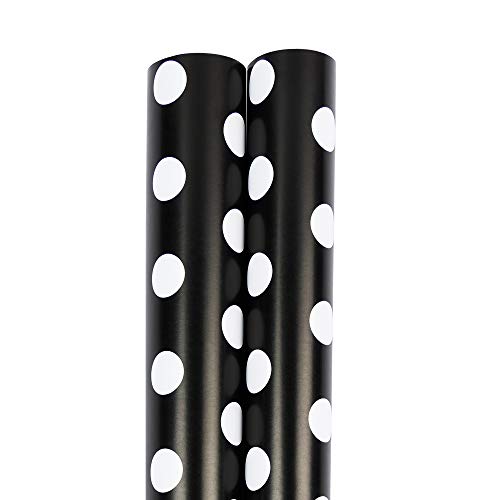 JAM Paper Gift Wrap - Polka Dot Wrapping Paper - 50 Sq Ft Total - Black with White Dots - 2 Rolls/Pack