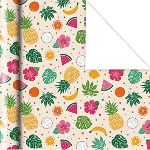 aloha floral hawaiian luau wrapping paper 6 sheets, pitaya pineapple orange banana watermelon lemon summer fruit floral monstera palm turtle leaves tropical island themed wrap paper sheet for gift wrapping, birthday, baby shower, aloha hula party decorati