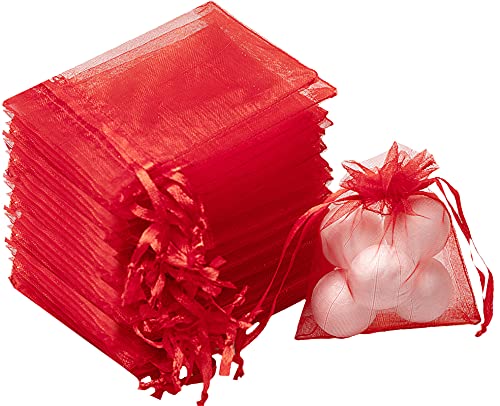 CLRBEATTY 100 Pcs Sheer Gift Bags,2.8"x3.6" Sheer Organza Bags,Drawstring Organza Jewelry Pouches,Organza Drawstring Bags for Wedding Party Festival Christmas Favor Gift(Red)