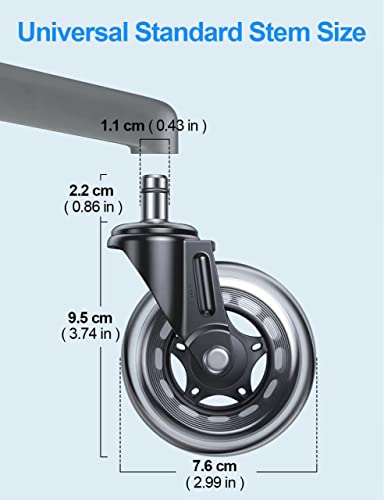 Office Chair Wheels Replacement Set of 5, EMNT Heavy Duty 3" Rubber Chair Casters for Hardwood Floors and Carpet, Safe Quiet Office Chair Casters for Chairs to Replace Office Chair Mats - Fits 98%