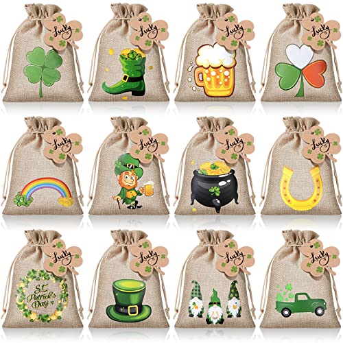 24 Sets St. Patrick's Day Party Favor Bags Green Shamrock Burlap Gift Bags St Patricks Day Candy Bags Irish Clover St Patricks Treat Bags Gift Wrap Bags for St. Patricks Day Party Favors, 7 x 5 Inch