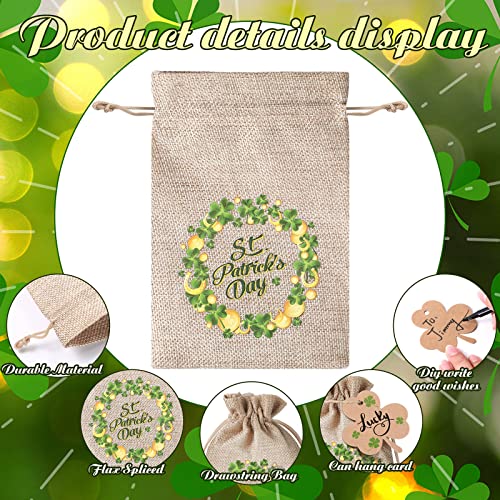 24 Sets St. Patrick's Day Party Favor Bags Green Shamrock Burlap Gift Bags St Patricks Day Candy Bags Irish Clover St Patricks Treat Bags Gift Wrap Bags for St. Patricks Day Party Favors, 7 x 5 Inch