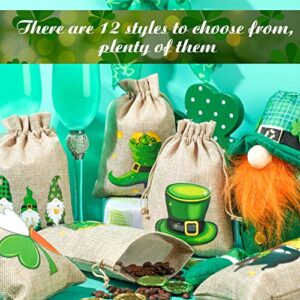 24 Sets St. Patrick's Day Party Favor Bags Green Shamrock Burlap Gift Bags St Patricks Day Candy Bags Irish Clover St Patricks Treat Bags Gift Wrap Bags for St. Patricks Day Party Favors, 7 x 5 Inch