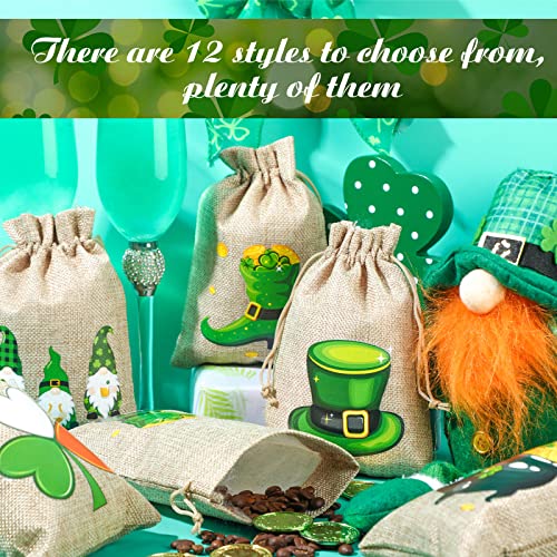 24 Sets St. Patrick's Day Party Favor Bags Green Shamrock Burlap Gift Bags St Patricks Day Candy Bags Irish Clover St Patricks Treat Bags Gift Wrap Bags for St. Patricks Day Party Favors, 7 x 5 Inch