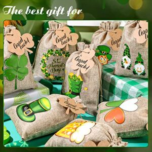 24 Sets St. Patrick's Day Party Favor Bags Green Shamrock Burlap Gift Bags St Patricks Day Candy Bags Irish Clover St Patricks Treat Bags Gift Wrap Bags for St. Patricks Day Party Favors, 7 x 5 Inch