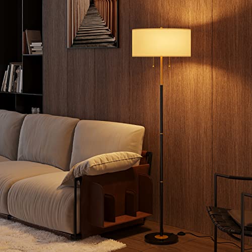 Karjoefar 2-Light Floor Lamp, Mid Century Floor Lamp with White Fabric Shade, Standing Lamp Tall Lamp for Living Room Bedroom, 3 Color Temperatures 9W Bulb Include