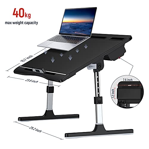 Laptop Desk for Bed, Lap Desks Trays with Double Storage Drawers, Adjustable Premium Leather Laptop Stand with Extra Drawstring Bag, Foldable Lap Table for Eating, Working, Writing and Drawing