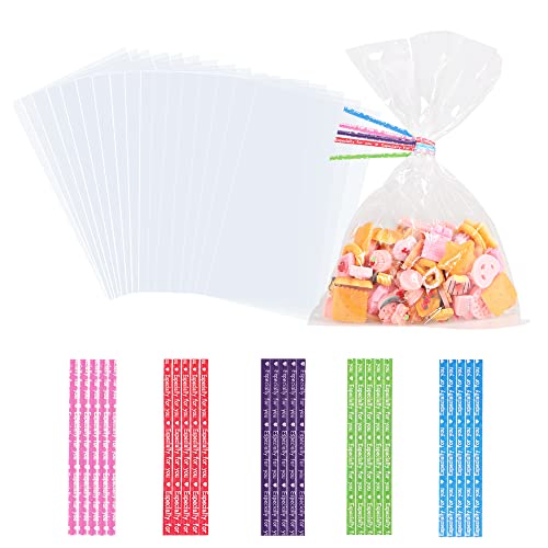 200 Pack Cellophane Bags Clear Treat Bag, 6 X 10 " OPP Cello Bags Goodie Bags with Colored Twist Ties for Kids Party Gift Candy Snack Cookies