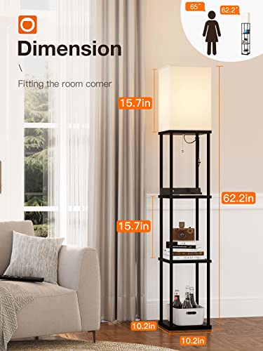 addlon Shelf Floor lamp with Remote, with 2 USB Charging Ports and 1 Power Outlet, Floor lamp with Shelves for Living Room, Bedroom and Office - Black