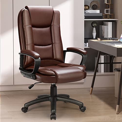 PUKAMI Home Office Desk Chair,Managerial Executive Chair,Ergonomic High Back Computer Chair with Cushions Armrest,Height Adjustable Big and Tall PU Leather Chair with Lumbar Support(Brown)