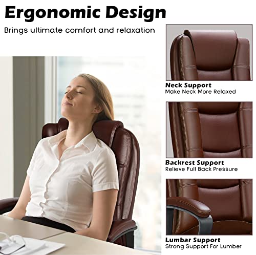 PUKAMI Home Office Desk Chair,Managerial Executive Chair,Ergonomic High Back Computer Chair with Cushions Armrest,Height Adjustable Big and Tall PU Leather Chair with Lumbar Support(Brown)