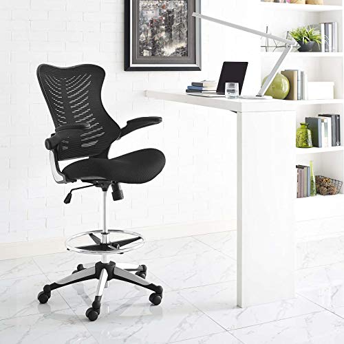 Modway Charge Drafting Chair - Reception Desk Chair - Drafting Stool with Flip-Up Arms in Vinyl, Black