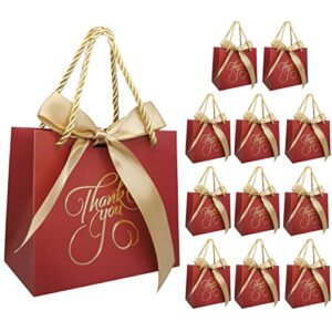 12pack red thank you gift bags with handles,gold foil thank you small paper bags bulk with golden bow ribbon for wedding baby shower party favors bridesmaid celebration