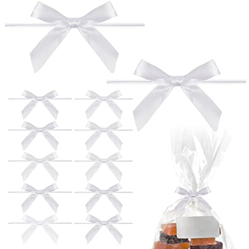 proturbo 150Pcs Mini Satin Ribbon Twist White Satin Twist Tie Bows DIY Twist Bow Package Decorating Ribbon Bow Width Christmas Ribbon Bows Crafts Tying Up for Gift Wrapping Candy Treat Bags Decoration