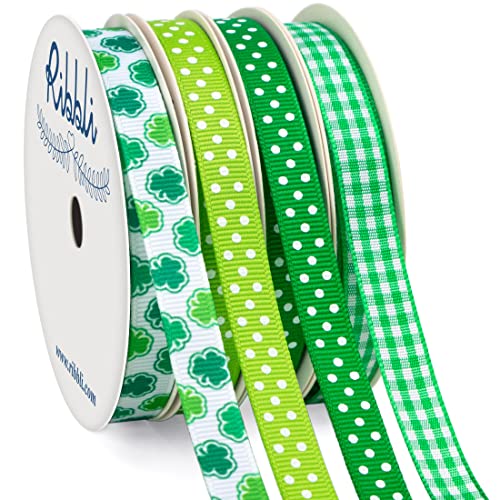 Ribbli 4 Rolls St Patricks Day Ribbon,Shamrock Ribbon Polka Dot and Green Gingham Ribbon,Use for Hair Bows,Wreath,Gift Wrapping,Party Decoration,3/8-Inch Total 40 Yards, Green White Ribbon