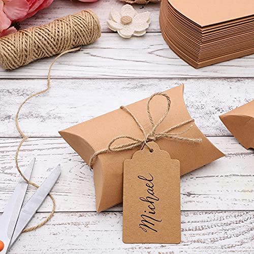 Pillow Gift Boxes with Jute String for Party Favors (5 X 3.5 in, Kraft Paper, 50 Pack)