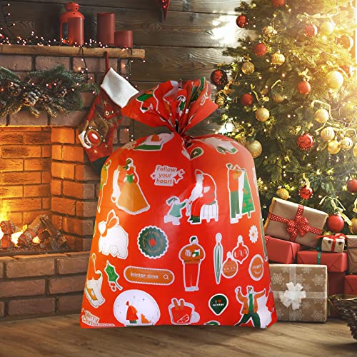 Niceup 4-Pack Jumbo Christmas Gift Wrapping Bags with Name Tag & Tie, 36”X48” Extra Large Plastic Santa Pattern Xmas Festival Present Bags for Big Giant Gift Kids Bike Stuffer Toys (2 Red+2 Brown)