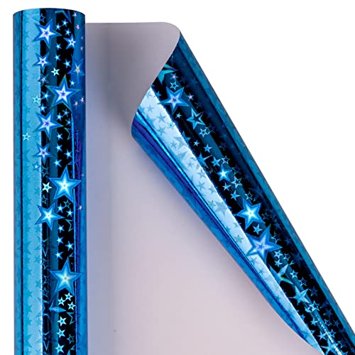 LeZakaa Blue Holographic Wrapping Paper - Mini Roll - Star Print for Birthday, Holiday - 17.32 inches x 32.8 Feet (47.23 sq.ft.)