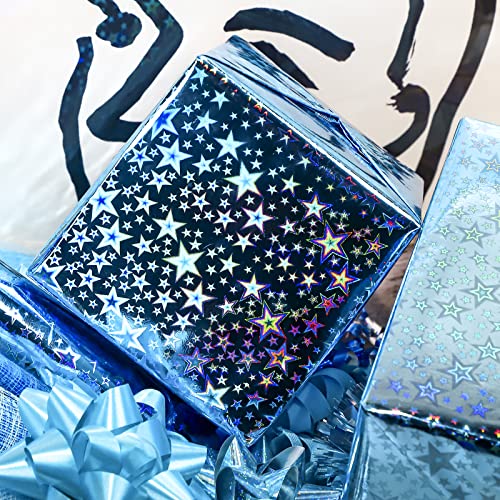 LeZakaa Blue Holographic Wrapping Paper - Mini Roll - Star Print for Birthday, Holiday - 17.32 inches x 32.8 Feet (47.23 sq.ft.)