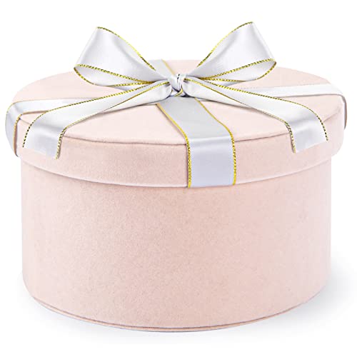 JOHOUSE 7" Pink Gift Box Surprise, Flannel Round Gift Box with Cover Ribbon and Raffia, Valentines Day Boxes