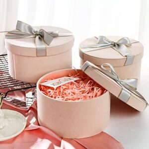 JOHOUSE 7" Pink Gift Box Surprise, Flannel Round Gift Box with Cover Ribbon and Raffia, Valentines Day Boxes