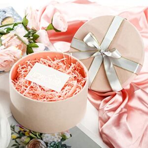 JOHOUSE 7" Pink Gift Box Surprise, Flannel Round Gift Box with Cover Ribbon and Raffia, Valentines Day Boxes