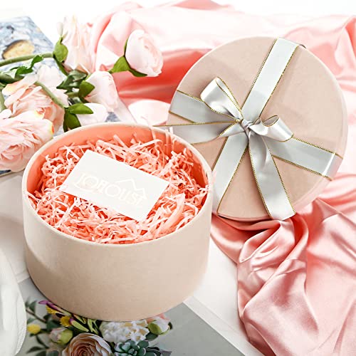 JOHOUSE 7" Pink Gift Box Surprise, Flannel Round Gift Box with Cover Ribbon and Raffia, Valentines Day Boxes