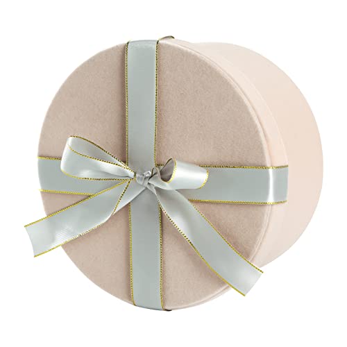 JOHOUSE 7" Pink Gift Box Surprise, Flannel Round Gift Box with Cover Ribbon and Raffia, Valentines Day Boxes