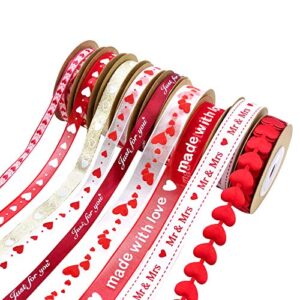 changsha 9 rolls hearts ribbon set – valentine’s day mother’s day satin ribbon, printed heart ribbons for gift wrapping, wedding birthday party decorations, crafts diy supplies (valentine)