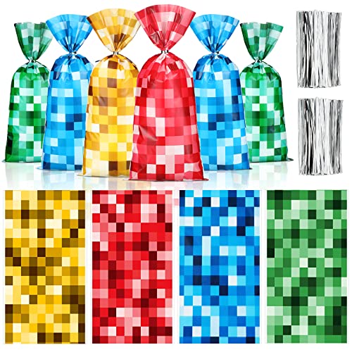 100 Pieces Pixel Mine Party Favors Bags Red Yellow Blue Green Pixel Candy Bags Cellophane Bags for Party Supplies, Goodie Bags Treat Bags with 150 Pcs Silver Twist Ties for Pixel Themed Birthday Party