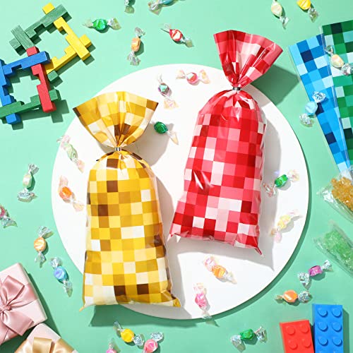 100 Pieces Pixel Mine Party Favors Bags Red Yellow Blue Green Pixel Candy Bags Cellophane Bags for Party Supplies, Goodie Bags Treat Bags with 150 Pcs Silver Twist Ties for Pixel Themed Birthday Party