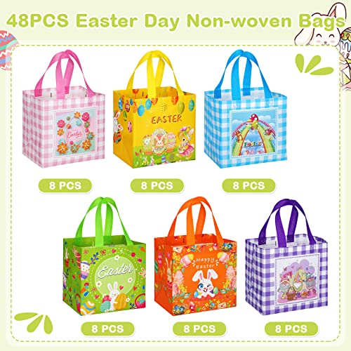 48 Pcs Easter Gift Bags Easter Reusable Treat Bags Easter Non Woven Bags Easter Tote Bags with Handle Easter Goodie Bags for Kids Waterproof Tote Bags Rabbit Bunny Bag for Easter Party Favors