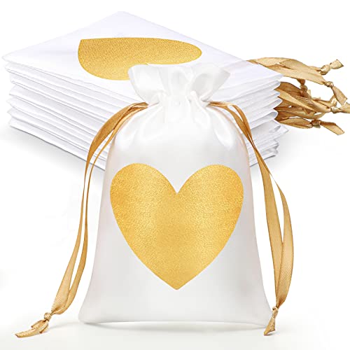 50 Pcs Heart Satin Gift Bags with Drawstring 4 x 6 Inch White Satin Gift Bags Jewelry Pouches Candy Party Decor Bags for Wedding Baby Shower DIY Craft Soap Makeup