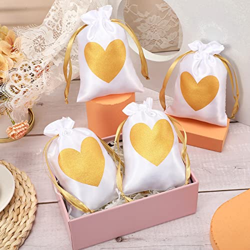 50 Pcs Heart Satin Gift Bags with Drawstring 4 x 6 Inch White Satin Gift Bags Jewelry Pouches Candy Party Decor Bags for Wedding Baby Shower DIY Craft Soap Makeup