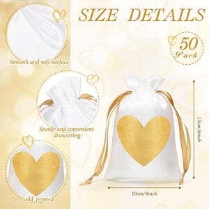 50 Pcs Heart Satin Gift Bags with Drawstring 4 x 6 Inch White Satin Gift Bags Jewelry Pouches Candy Party Decor Bags for Wedding Baby Shower DIY Craft Soap Makeup