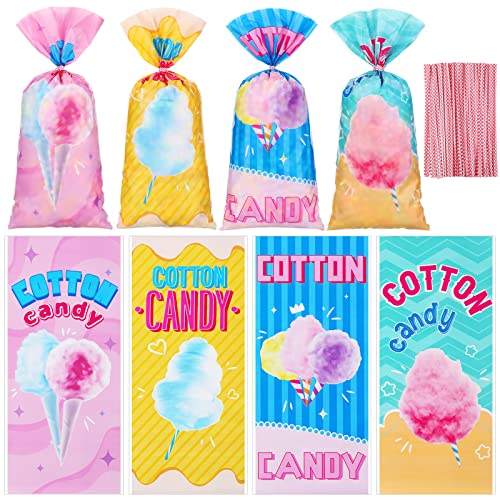 Karenhi 100 Pcs Cotton Candy Bags with Ties Cotton Candy Cones Treat Bags Snacks Bags Set Cotton Candy Supplies for Circus Carnival Birthday Party Favor