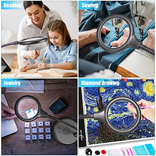 3 in 1 Magnifying Glass with Light and Stand, 5X Lighted Magnifier Lamp with PD USB C Charging Port, Hands-Free Adjustable Magnifying lamp for Reading Close Work Reading Sewing Crafts Painting Nails