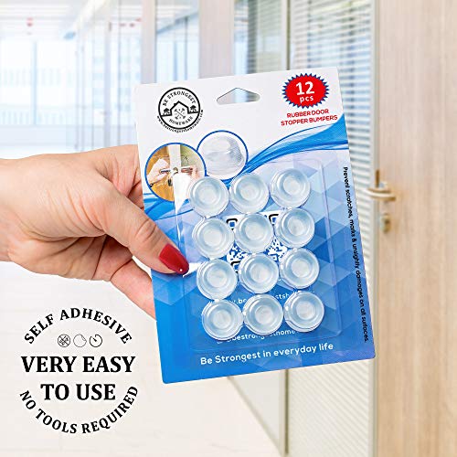 Door Bumper - Small Door Stoppers Wall Protector Clear 12 in Pack - Shower Door Stopper Rubber Bumper - Stick on Hard Rubber Bumpers - Door Bumpers for Walls for Heavy Use (12)