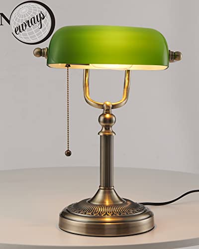 Newrays Green Glass Bankers Desk Lamp with Pull Chain Switch Plug in Fixture