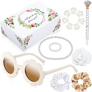 16 pcs flower girl proposal box kit flower girl gifts flower girl box round glasses necklace pearl bracelet diamond pen hair scrunchies rose will you be my flower girl for wedding (classic color)