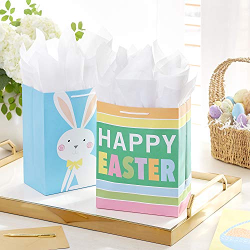 Hallmark 11" Large Easter Gift Bags (3-Pack: Easter Basket, Bunny, "Happy Easter" Stripes) in Yellow, Blue, Green