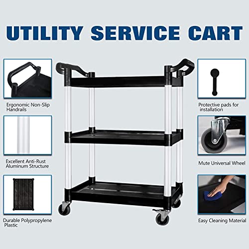 FIHUTED Service Cart with Wheels Lockable Large Size, Plastic Restaurant Cart Heavy Duty, Utility Commercial Cart for Office, Warehouse, Foodservice,40.1" L x 19.2" W x 38.5" H. Black (Large)