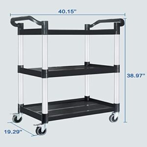 FIHUTED Service Cart with Wheels Lockable Large Size, Plastic Restaurant Cart Heavy Duty, Utility Commercial Cart for Office, Warehouse, Foodservice,40.1" L x 19.2" W x 38.5" H. Black (Large)