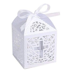 kazipa 50pcs baptism favor boxes, 2.2”x2.2”x2.2”laser cut favor boxes with 50 ribbons for baby shower favors baptism decorations first birthday party (white)