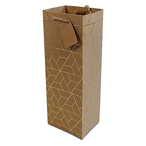 Wine Gift Bags - 12 Pack Brown Kraft Designer Paper Wine Bottle Bags with Handles, Gold Geometric Assorted Prints Gift Wrap for Parties, Weddings, House Warming, Holidays, Bachelorette, Bulk - 5x4x14