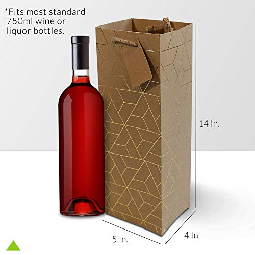 Wine Gift Bags - 12 Pack Brown Kraft Designer Paper Wine Bottle Bags with Handles, Gold Geometric Assorted Prints Gift Wrap for Parties, Weddings, House Warming, Holidays, Bachelorette, Bulk - 5x4x14