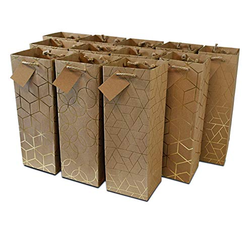 Wine Gift Bags - 12 Pack Brown Kraft Designer Paper Wine Bottle Bags with Handles, Gold Geometric Assorted Prints Gift Wrap for Parties, Weddings, House Warming, Holidays, Bachelorette, Bulk - 5x4x14