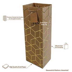 Wine Gift Bags - 12 Pack Brown Kraft Designer Paper Wine Bottle Bags with Handles, Gold Geometric Assorted Prints Gift Wrap for Parties, Weddings, House Warming, Holidays, Bachelorette, Bulk - 5x4x14