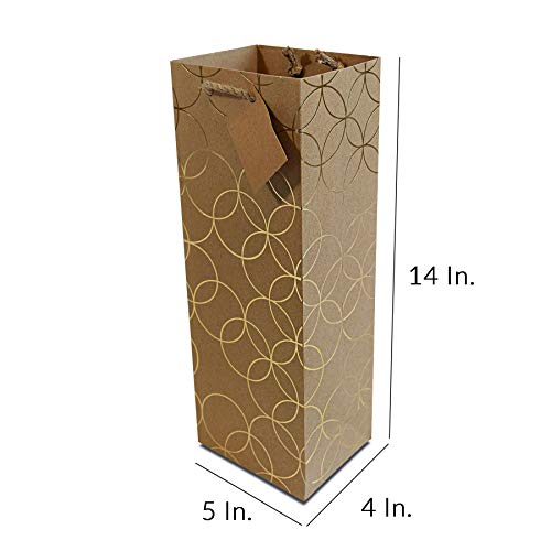 Wine Gift Bags - 12 Pack Brown Kraft Designer Paper Wine Bottle Bags with Handles, Gold Geometric Assorted Prints Gift Wrap for Parties, Weddings, House Warming, Holidays, Bachelorette, Bulk - 5x4x14