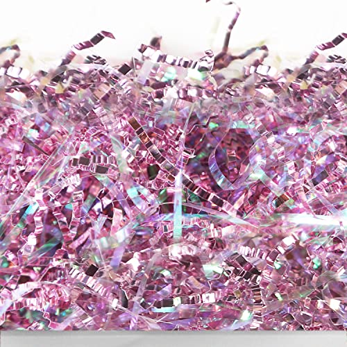 UNIQOOO 1 LB Metallic Iridescent Pink Purple Crinkle Cut Paper Filler Shreds for Gift Box, Sparkling Lavender Shredded Paper Raffia Tissue, Craft Bedding Cushion for Wedding Easter Bridesmaid Engagement Gift Basket, Bags Packaging